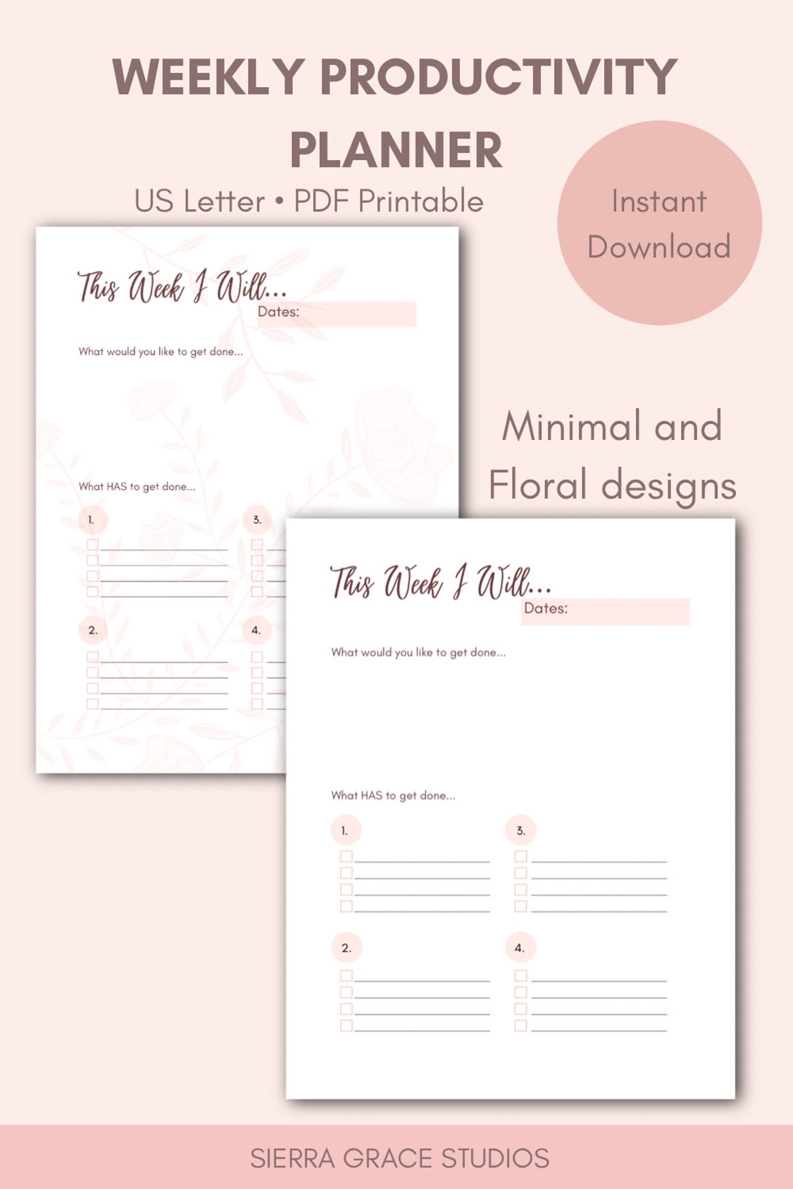 Weekly Productivity Planner PDF Printable 2 Unique Pages - Etsy