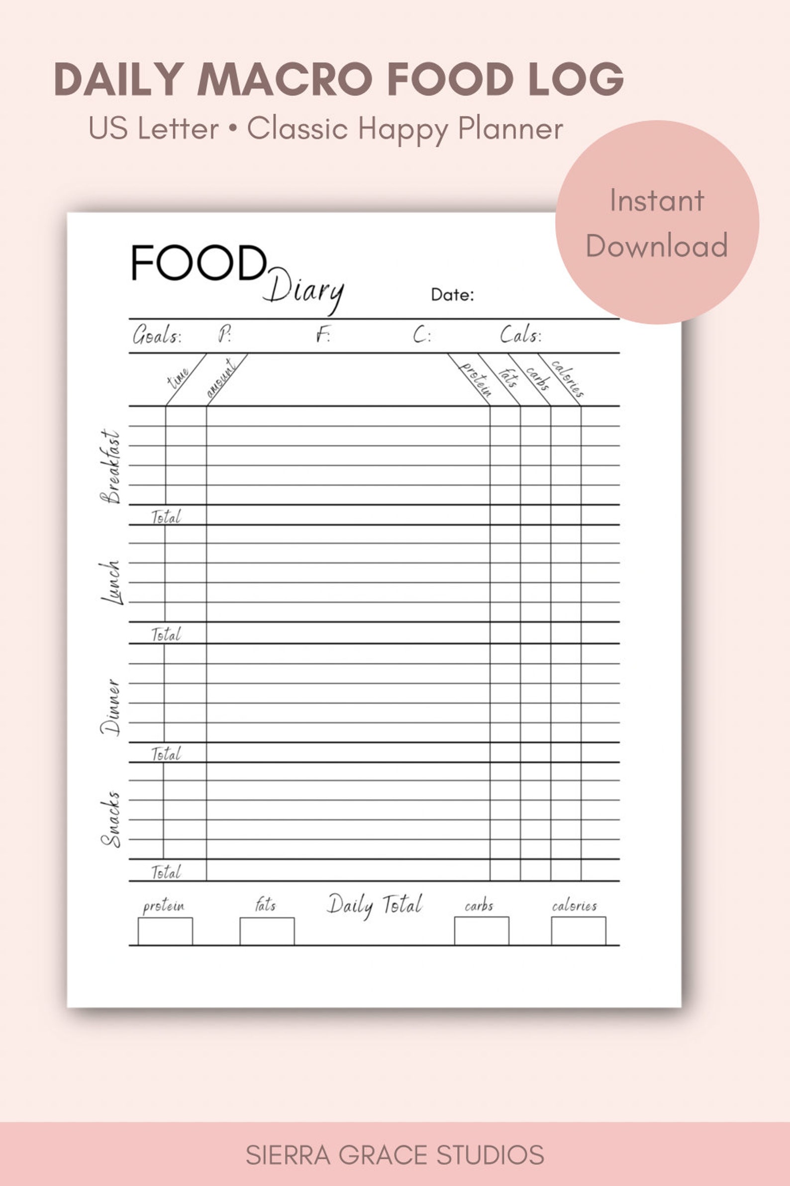 Macro Tracking Food Log Printable Pdf Daily Meal Tracker - Etsy