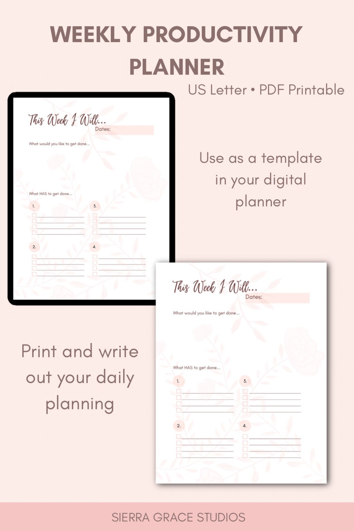 Weekly Productivity Planner PDF Printable 2 Unique Pages - Etsy