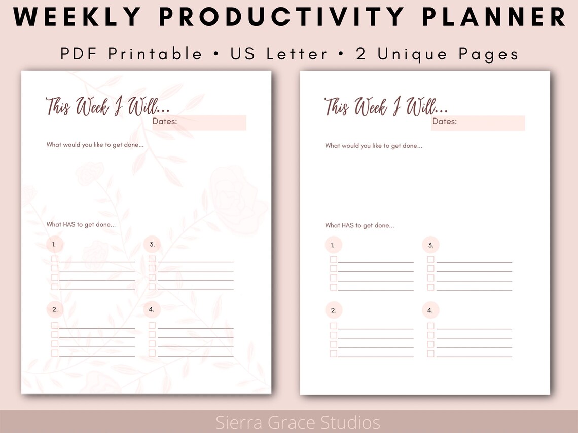 Weekly Productivity Planner PDF Printable 2 Unique Pages - Etsy