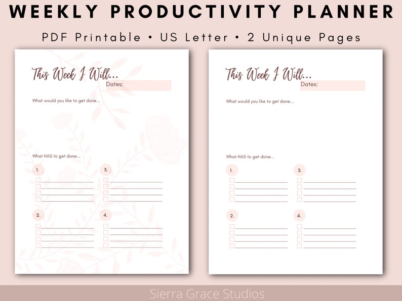 Weekly Productivity Planner PDF Printable 2 Unique Pages - Etsy