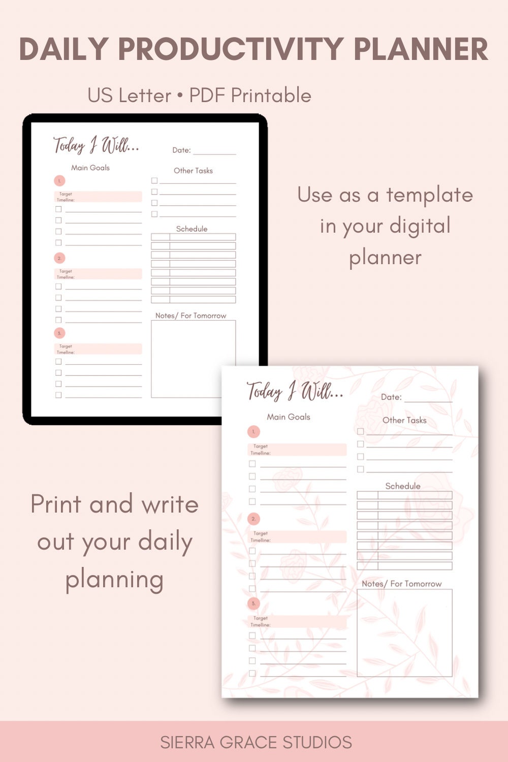 Daily Productivity Planner PDF Printable, 2 Unique Pages, US Letter ...