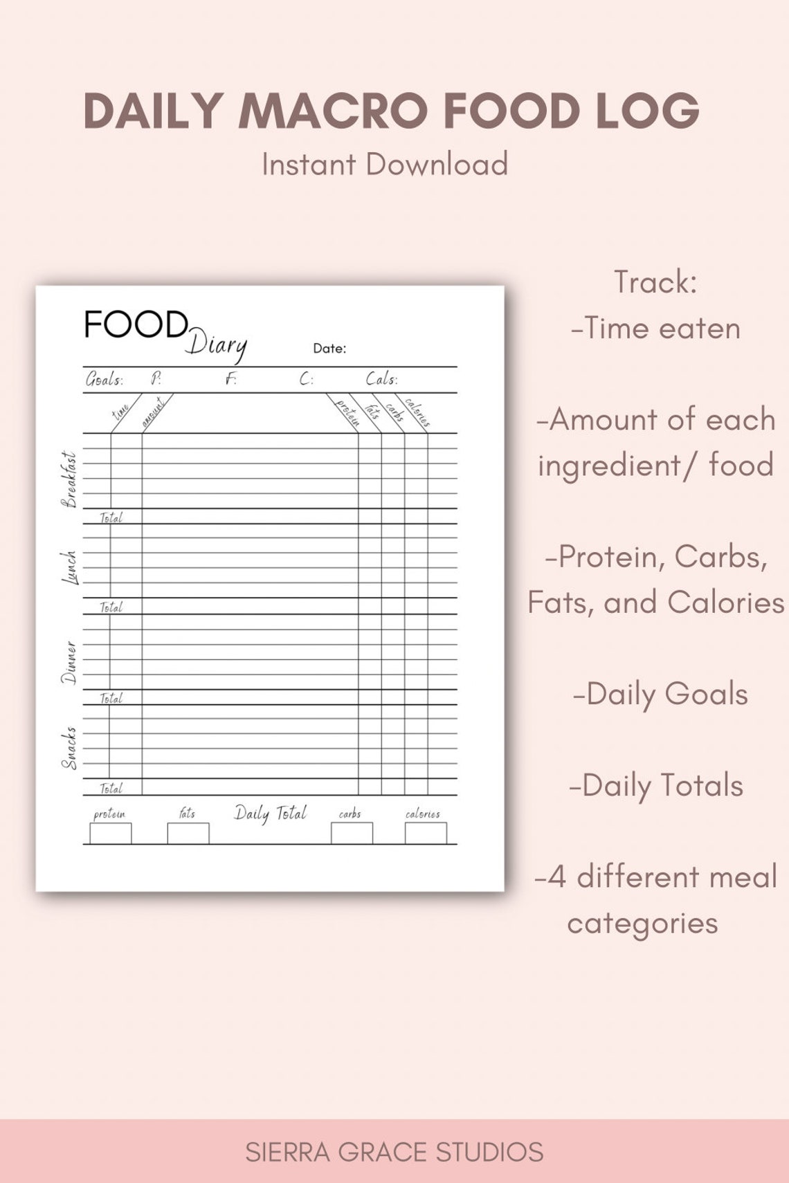 Macro Tracking Food Log Printable Pdf Daily Meal Tracker - Etsy