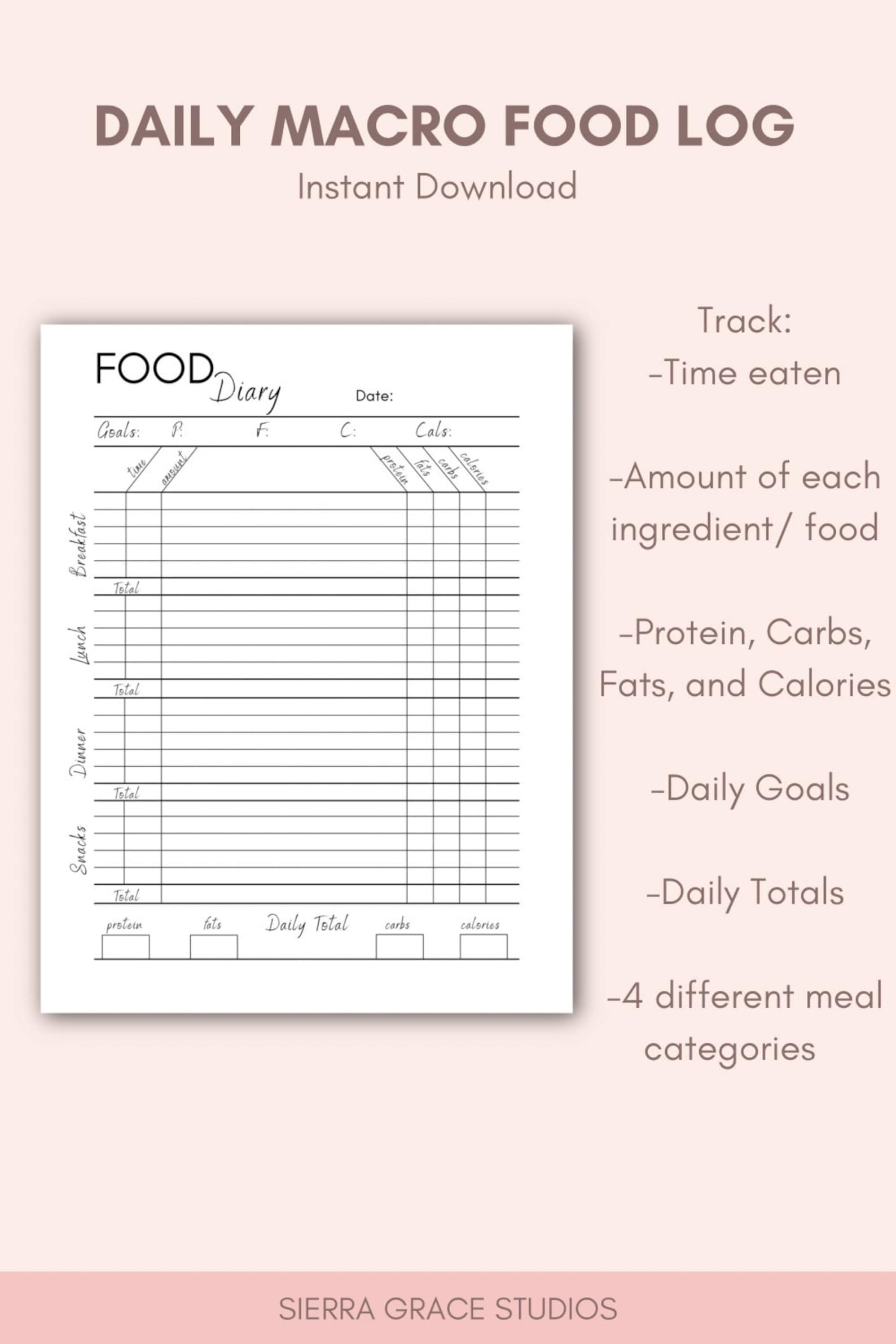 Macro Tracking Food Log Printable Pdf Daily Meal Tracker - Etsy