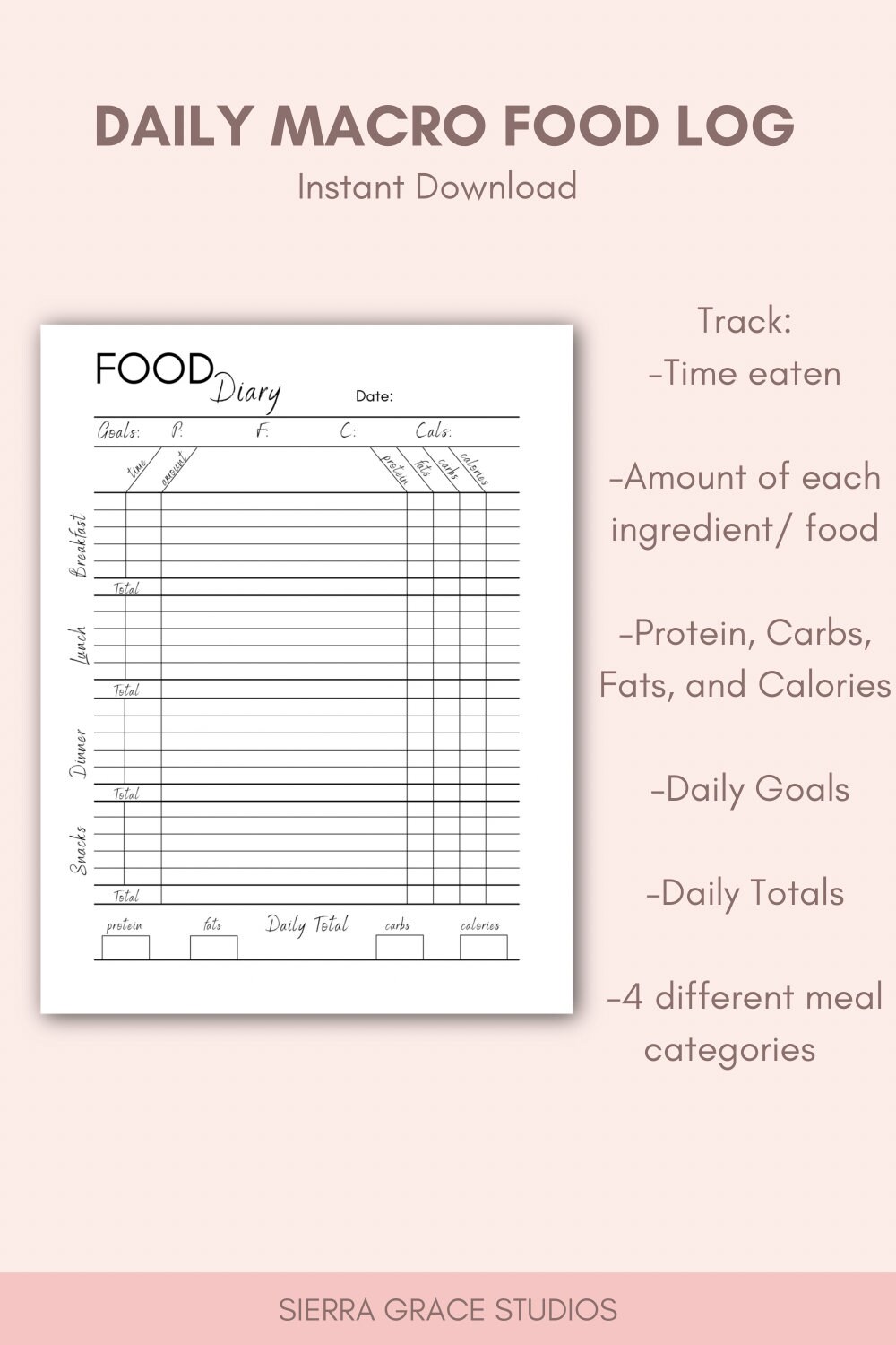 Macro Tracking Food Log Printable Pdf Daily Meal Tracker - Etsy