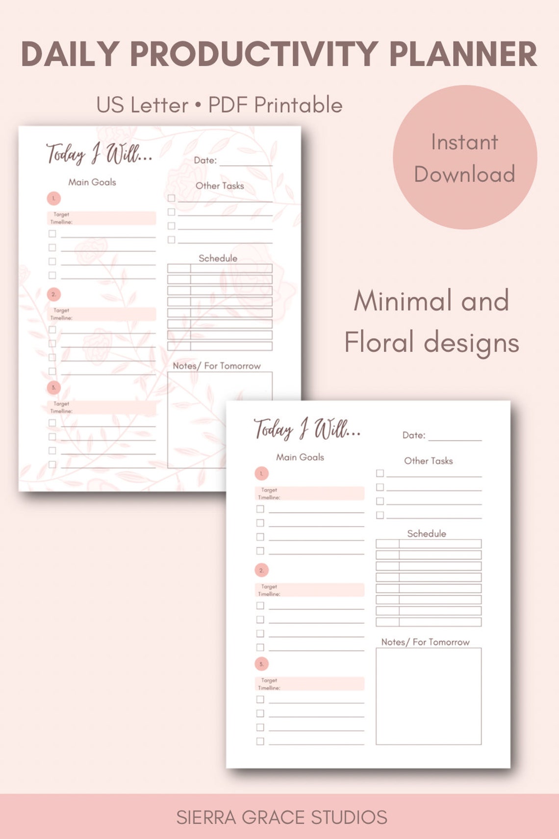 Daily Productivity Planner PDF Printable, 2 Unique Pages, US Letter ...