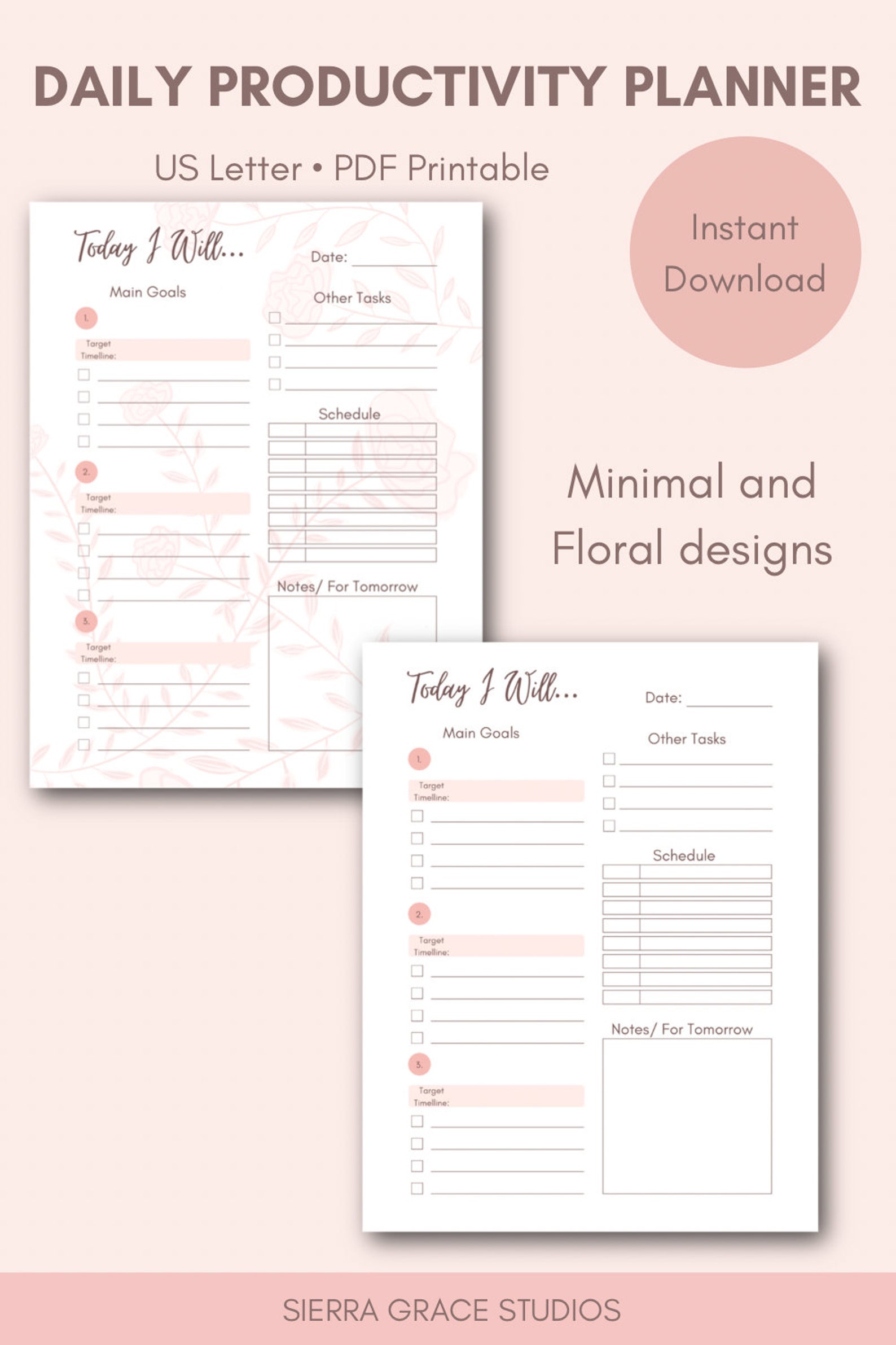 Daily Productivity Planner PDF Printable, 2 Unique Pages, US Letter ...