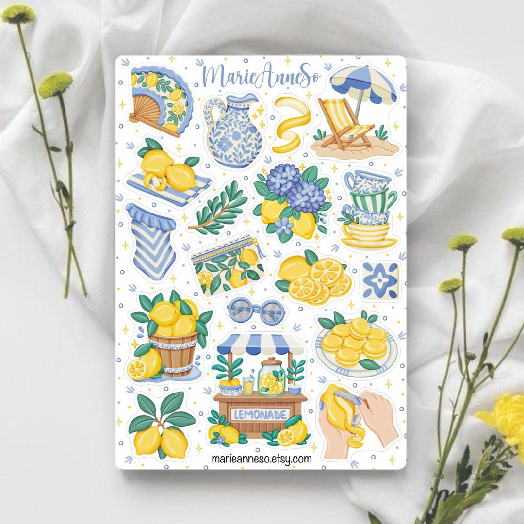 Lemon Themed Sticker Sheet - Yellow & Mediterranean Blue - Stickers for ...
