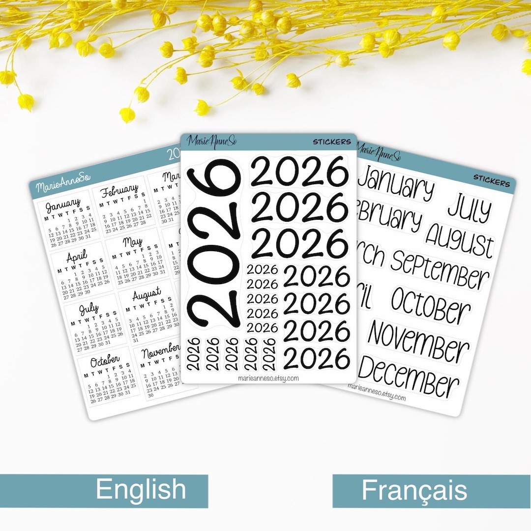Set of 3 Sheets of 2026 Calendar Stickers in English or French - Mini ...