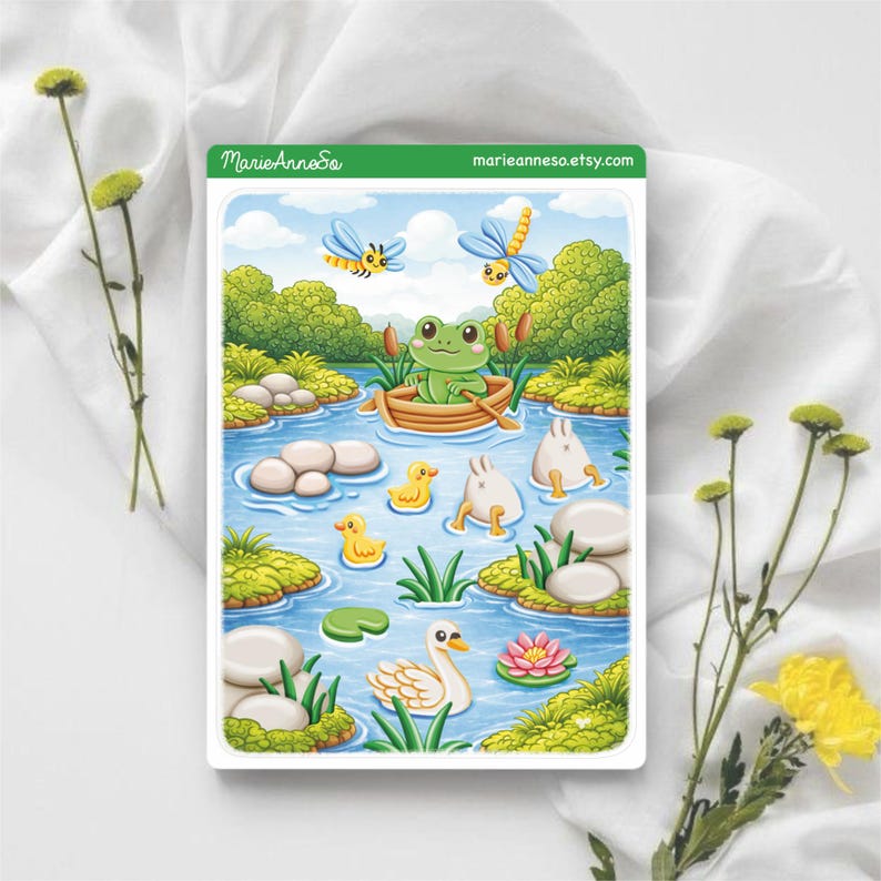 Sticker Sheet Scène de Mare Kawaii | Stickers Décor Étang Grenouille ...