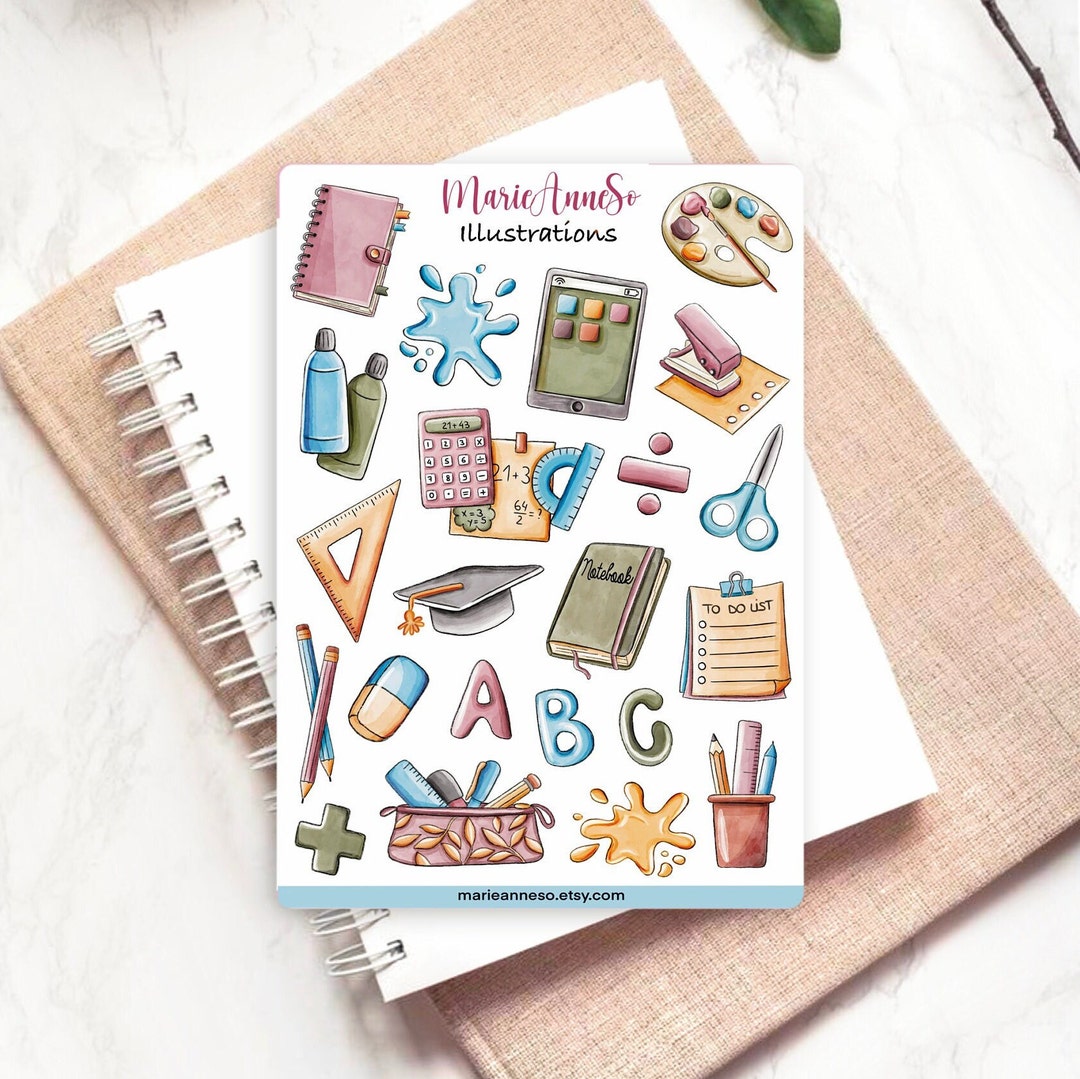 School & Study Stationery Sticker Sheet – Planner Stickers Illustration ...