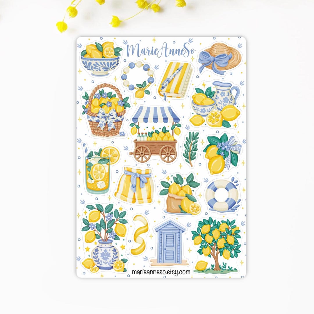 Lemon-themed Sticker Sheet - Yellow & Mediterranean Blue - Stickers for ...