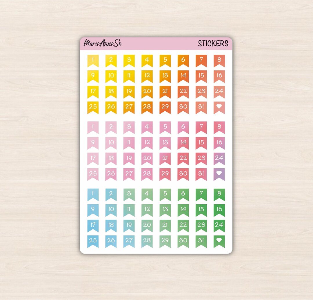 Sticker Sheet Numbers 1 to 31 Monthly Provisions Stickers Planner ...