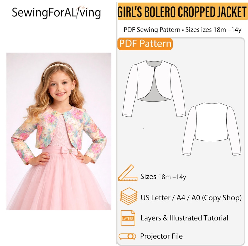 Girls Bolero Jacket Sewing Pattern | Lined Cropped Cardigan PDF ...