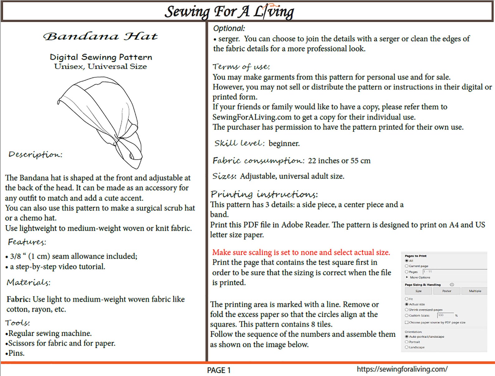 Bandana Pattern. Bandana Hat Sewing Pattern. Bandana Pattern - PDF ...