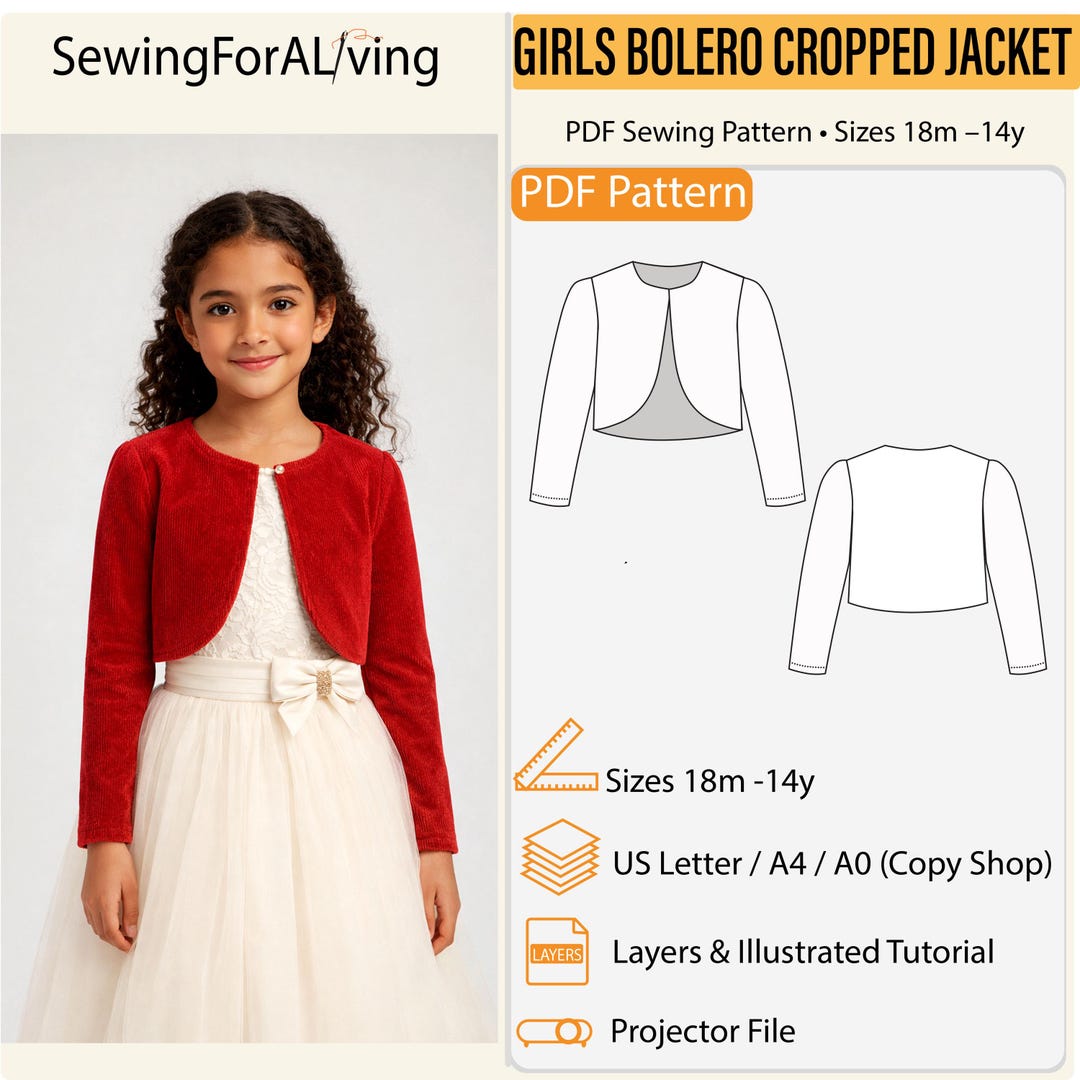Girls Bolero Jacket Sewing Pattern | Lined Cropped Cardigan PDF ...