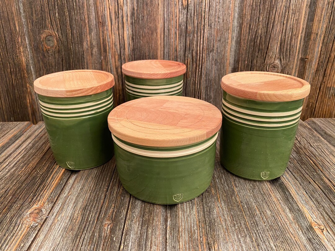 Ceramic Storage Pot Set With Wooden Lid - Etsy