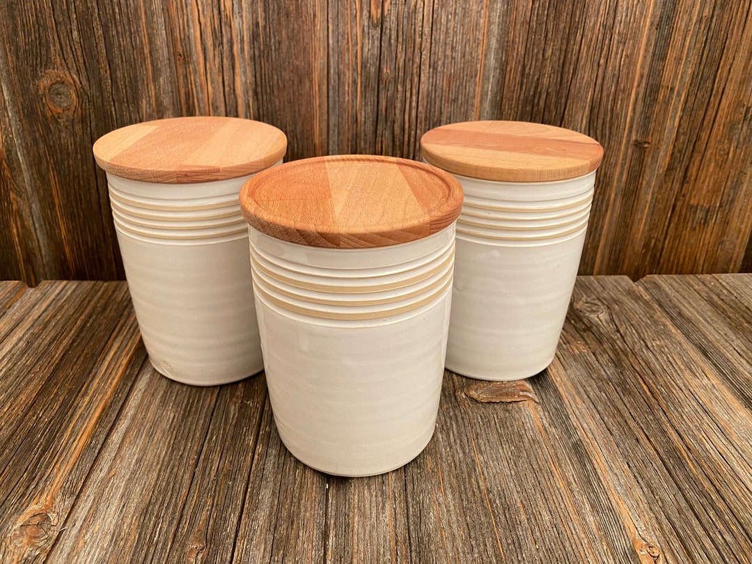 Ceramic Storage Pot Set With Wooden Lid - Etsy UK