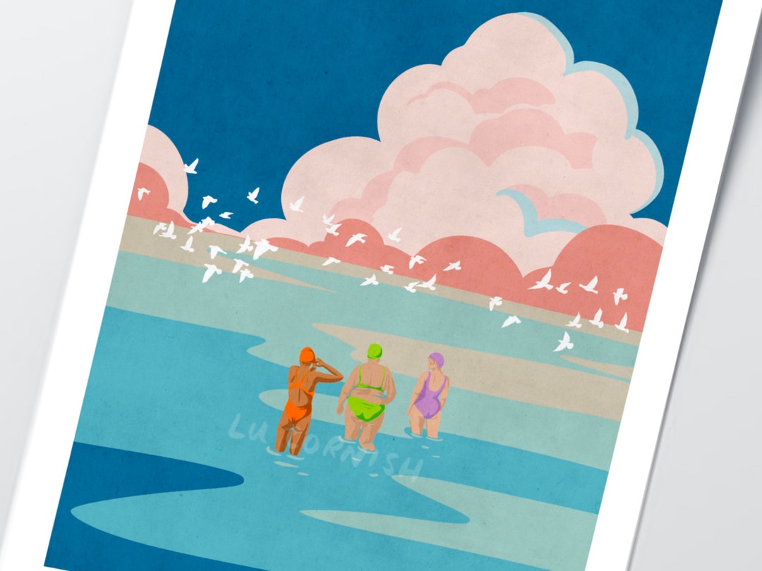 Swim Buddies Art | Vintage Ocean Art | Cold Water Swim Club | Gift for ...