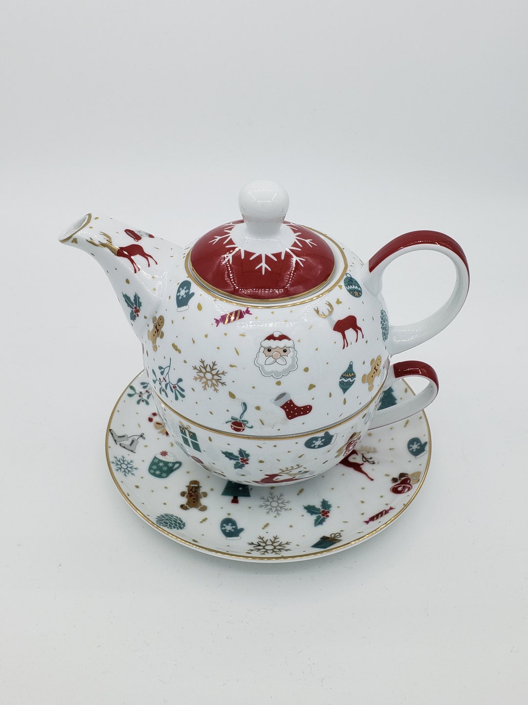 CHRISTMAS TEAPOT Tea Gift Set Tea for One Teapot & Cup Porcelain White ...