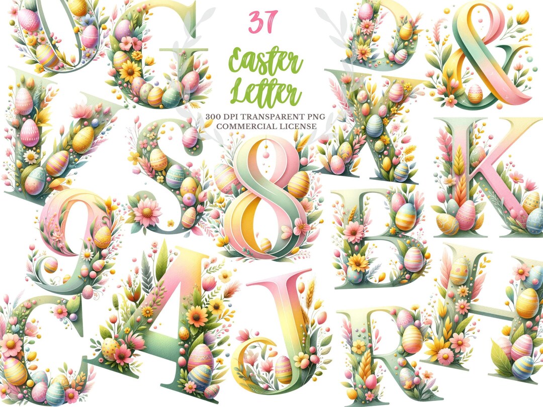 Floral Easter Egg Letter & Number Clipart: Watercolor Greenery (PNG ...