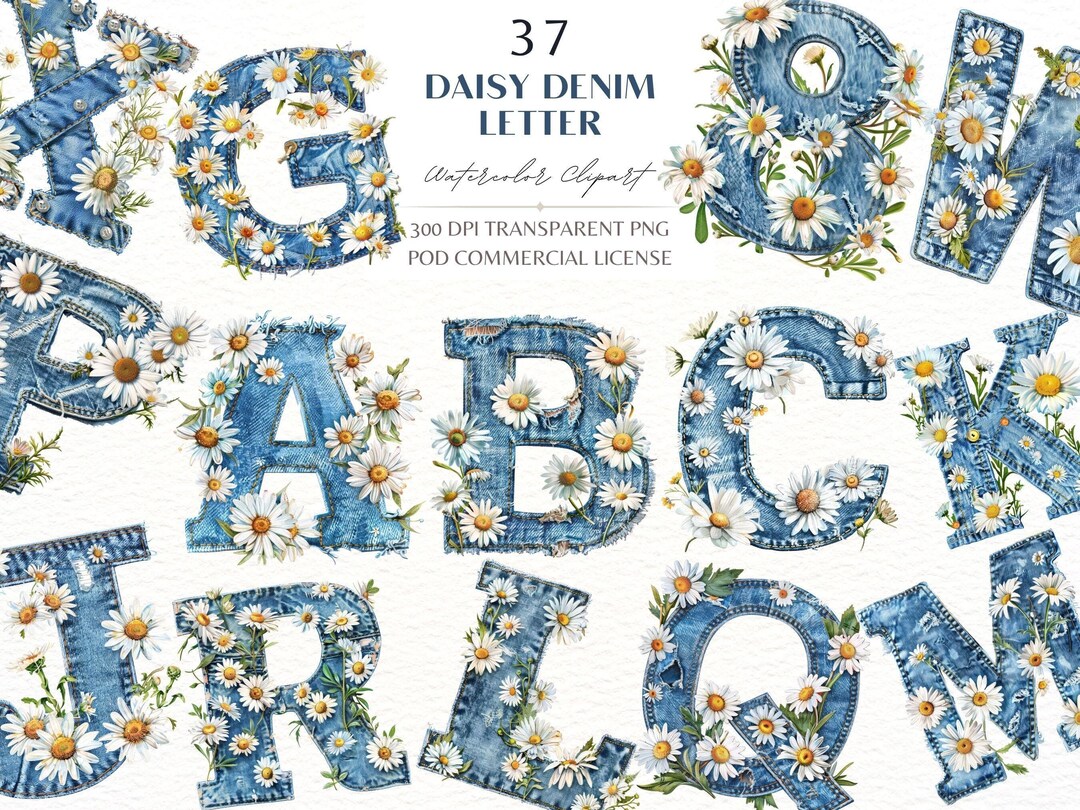 Daisy Denim Alphabet Number Clipart Bundle,watercolor Daisy Blue Denim ...