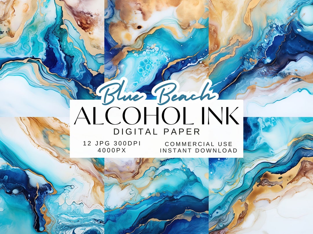 Blue Beach Alcohol Ink Digital Paper, Gold Glittering Alcohol Ink ...