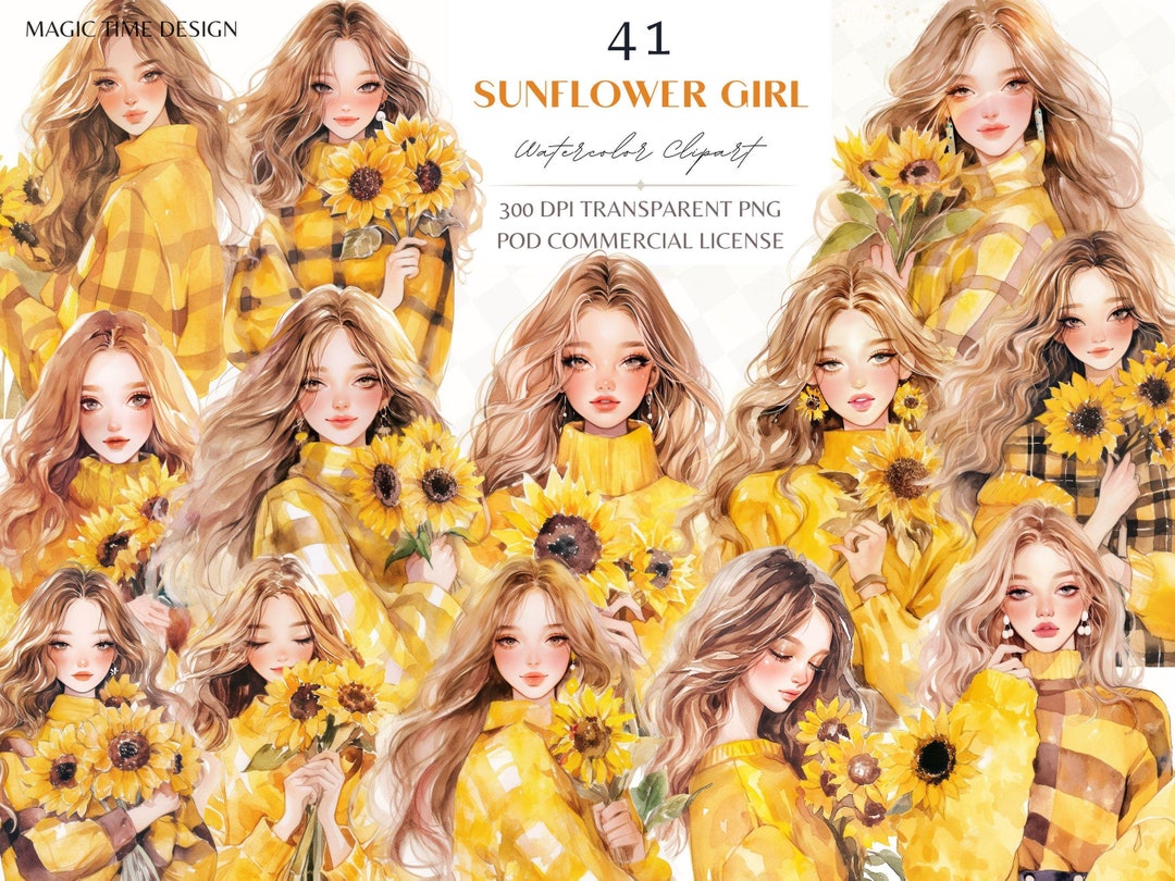 Sunflower Girl Watercolor Clipart: Yellow Sweater PNG (digital Download ...