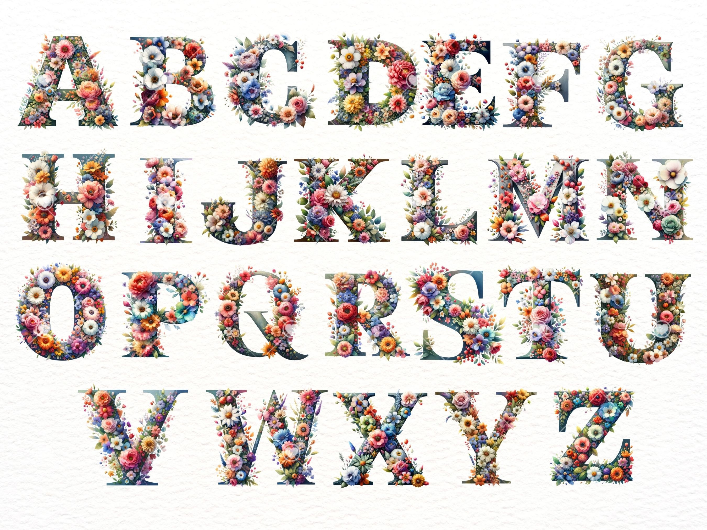 Floral Alphabet Clipart Bundle: Watercolor Flower Letters & Numbers ...