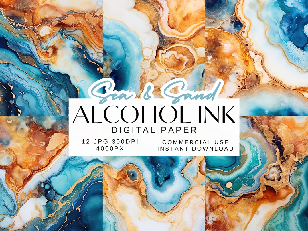 Sea Sand Alcohol Ink Digital Paper, Gold Glittering Alcohol Ink, Beach ...