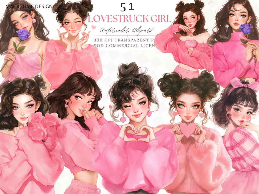 Pink Lovestruck Girl Clipart: Valentine Watercolor PNG (digital ...
