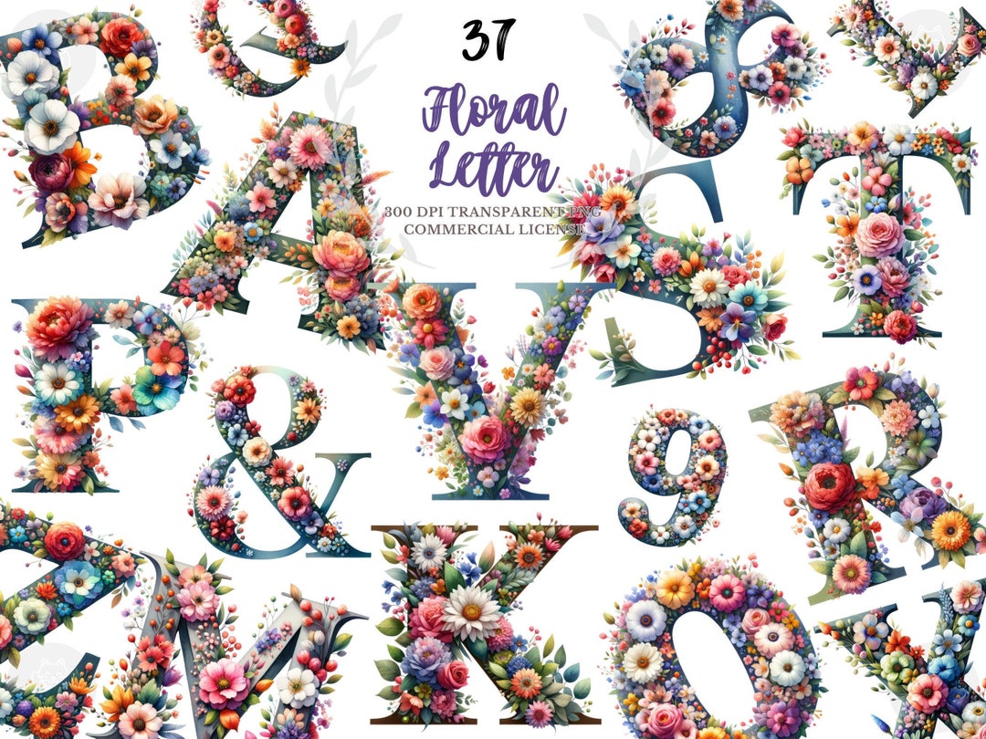 Floral Alphabet Clipart Bundle: Watercolor Flower Letters & Numbers ...