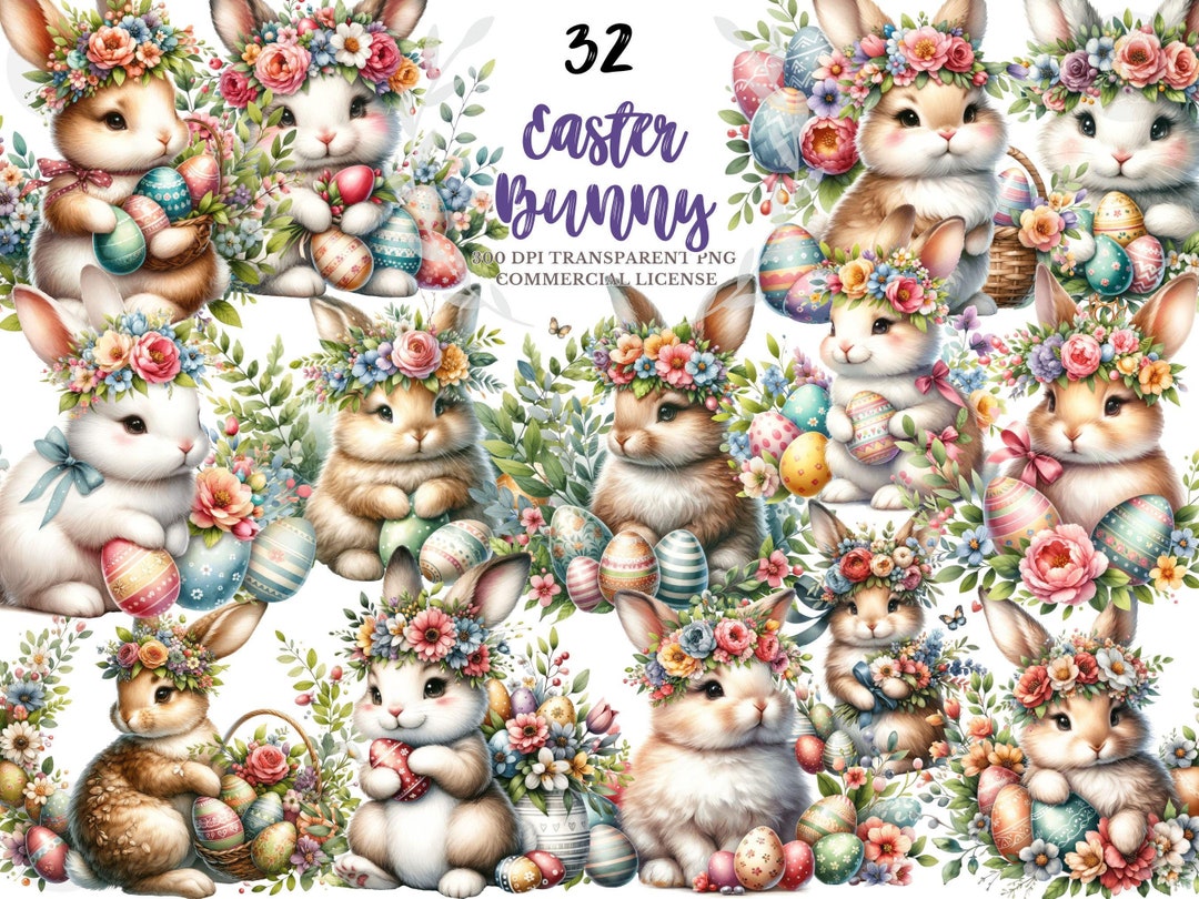Watercolor Easter Bunny Clipart,easter Bunny & Eggs Clipart, Floral ...