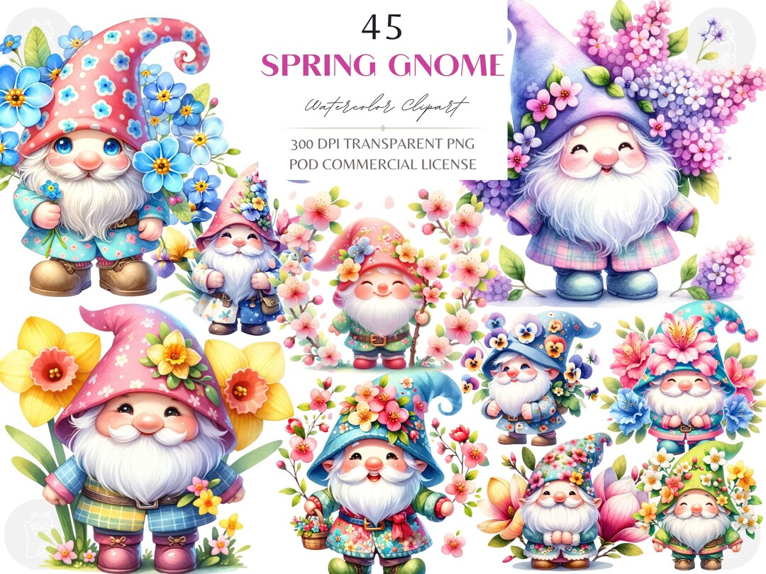 Spring Flower Gnome Watercolor Clipart Bundle (PNG) - Etsy