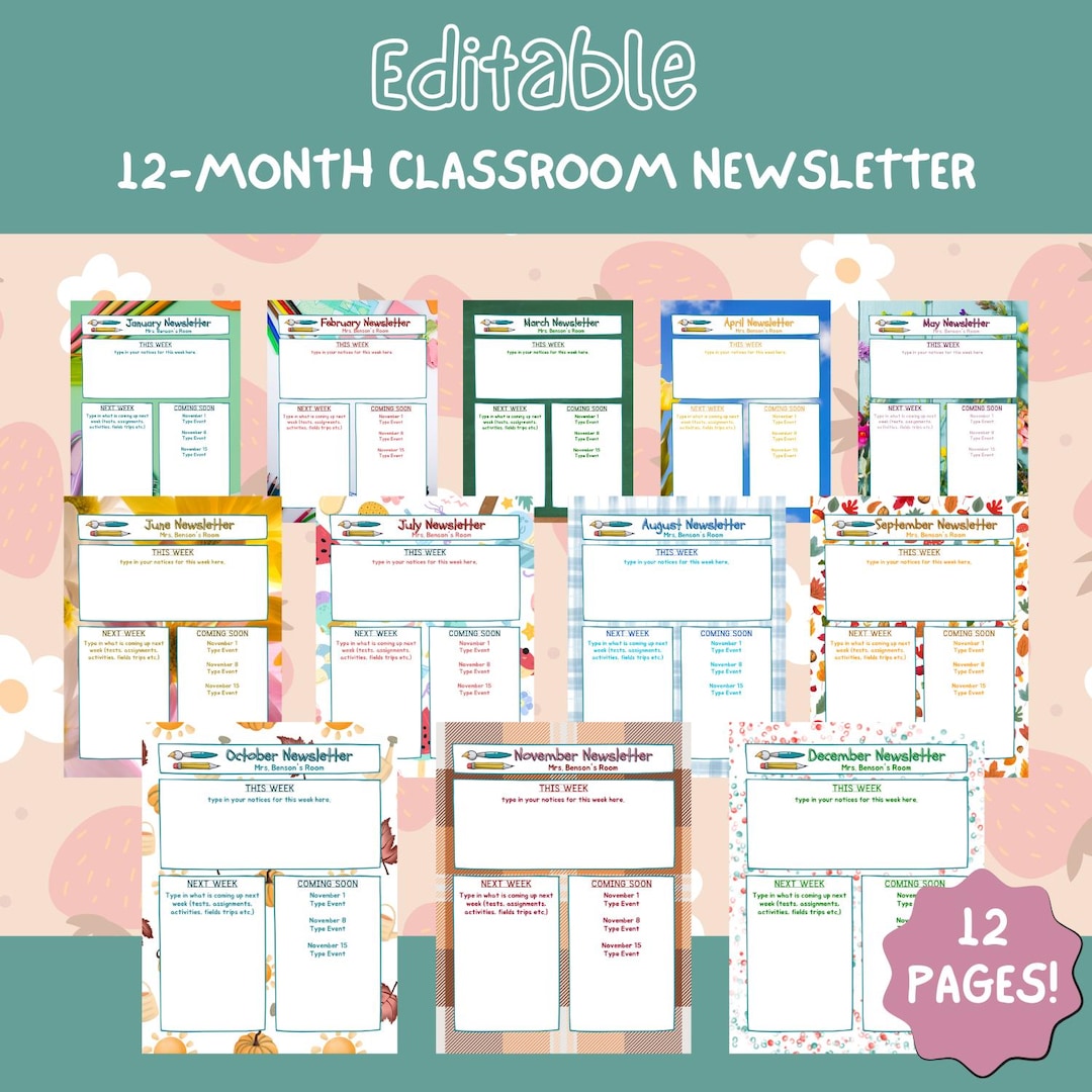 Editable Classroom Newsletter Templates | Full Year Monthly Pack ...