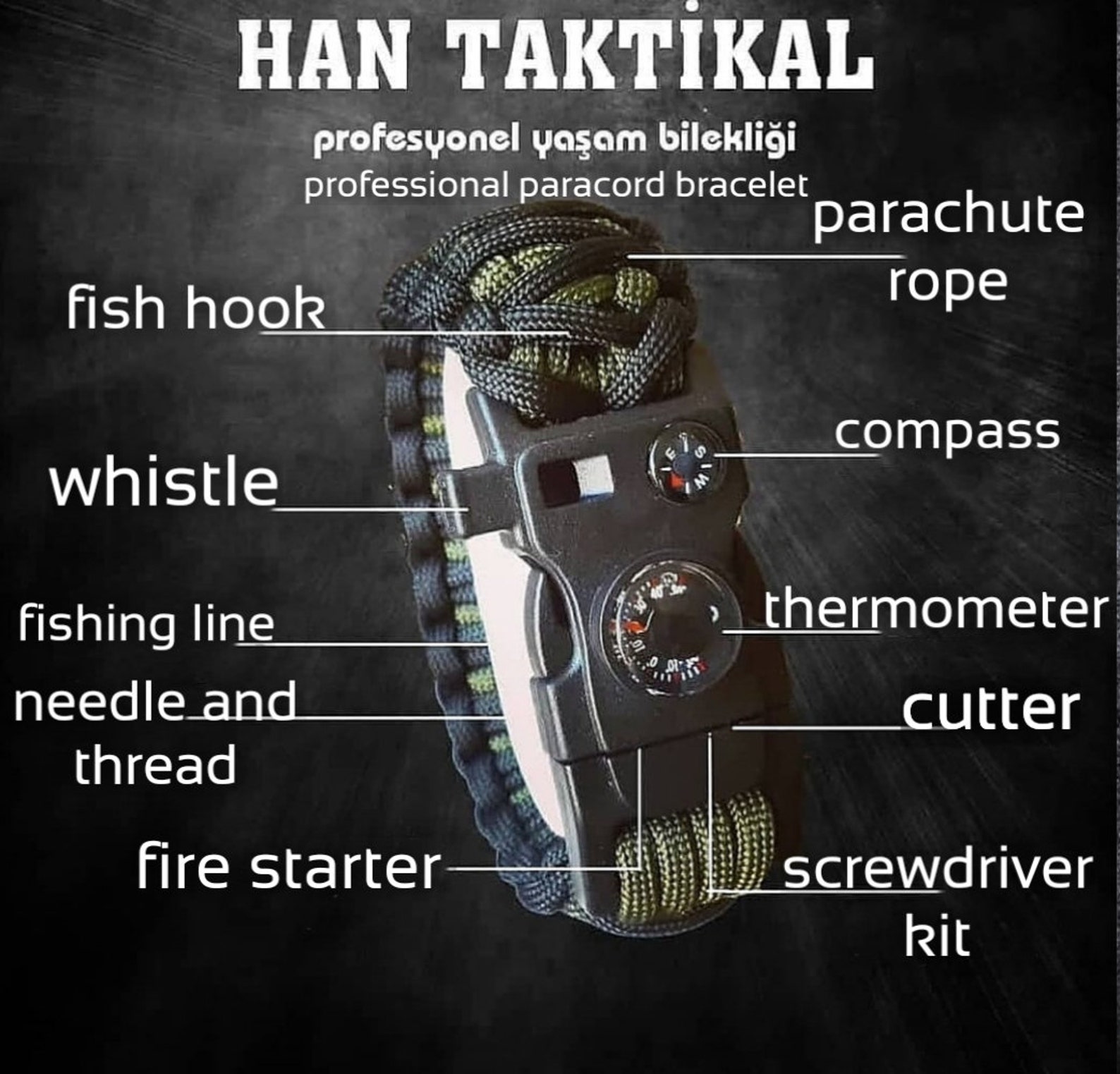 Han Taktikal Professional Paracord Bracelet Compass Fire Starter ...