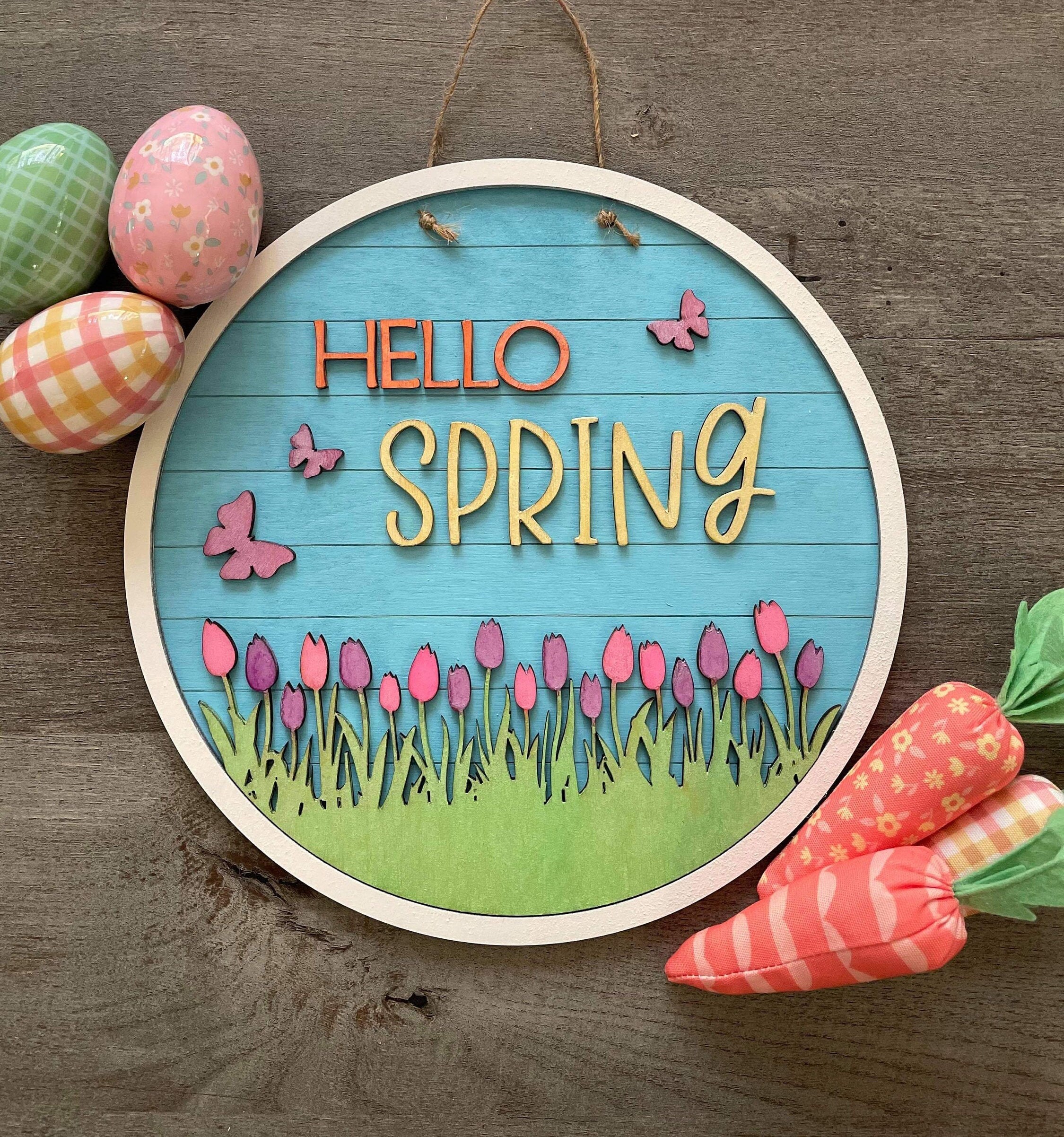 Hello Spring Door Hanger Digital Laser Cut File SVG and PDF | Etsy