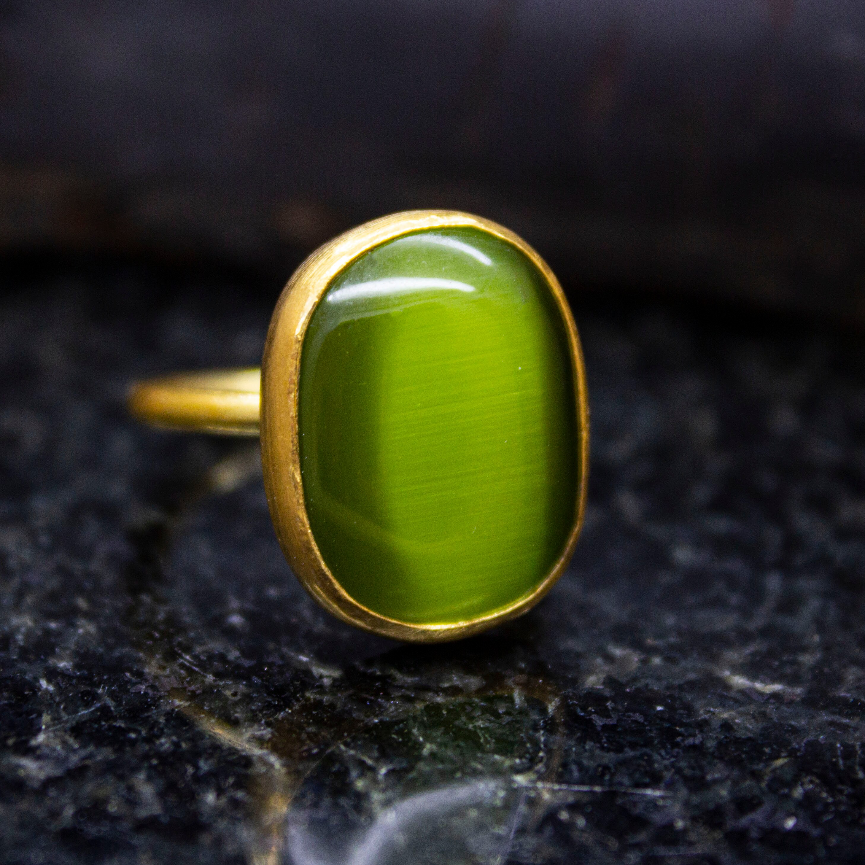 Gold Green Cats Eye Ring, 24K Gold Plated 925 Sterling Silver, Oval Cut ...