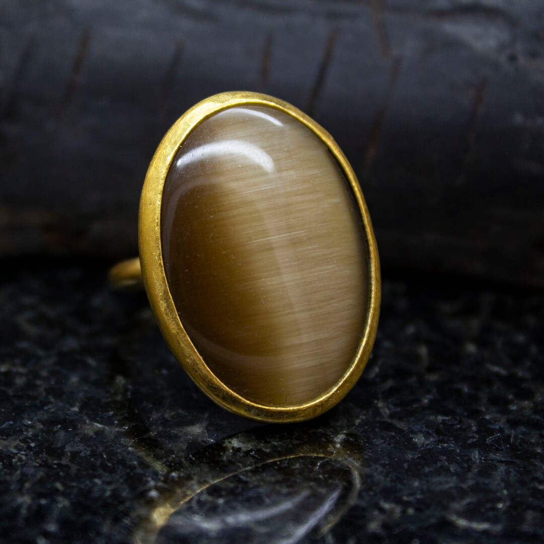 Gold Brown Cats Eye Ring, 24K Gold Plated 925 Sterling Silver, Brown ...