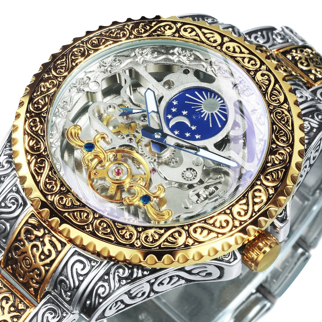 Gold/silver Luxury Engraved Skeleton Mechanical Watch - Etsy