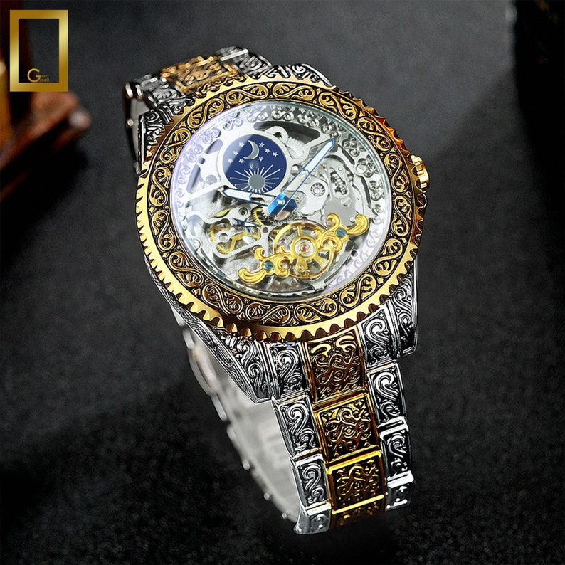 Gold/silver Luxury Engraved Skeleton Mechanical Watch - Etsy