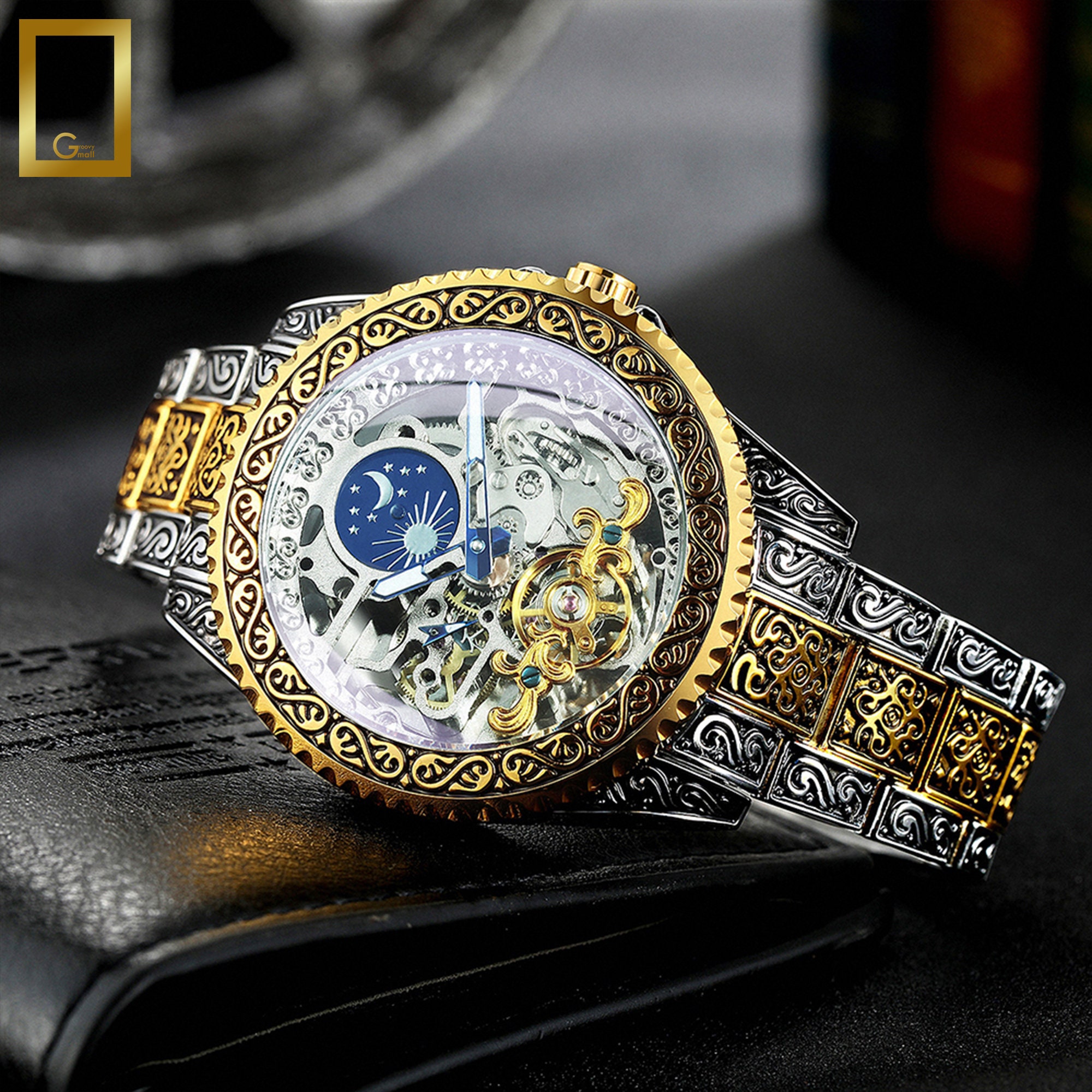 Gold/silver Luxury Engraved Skeleton Mechanical Watch - Etsy