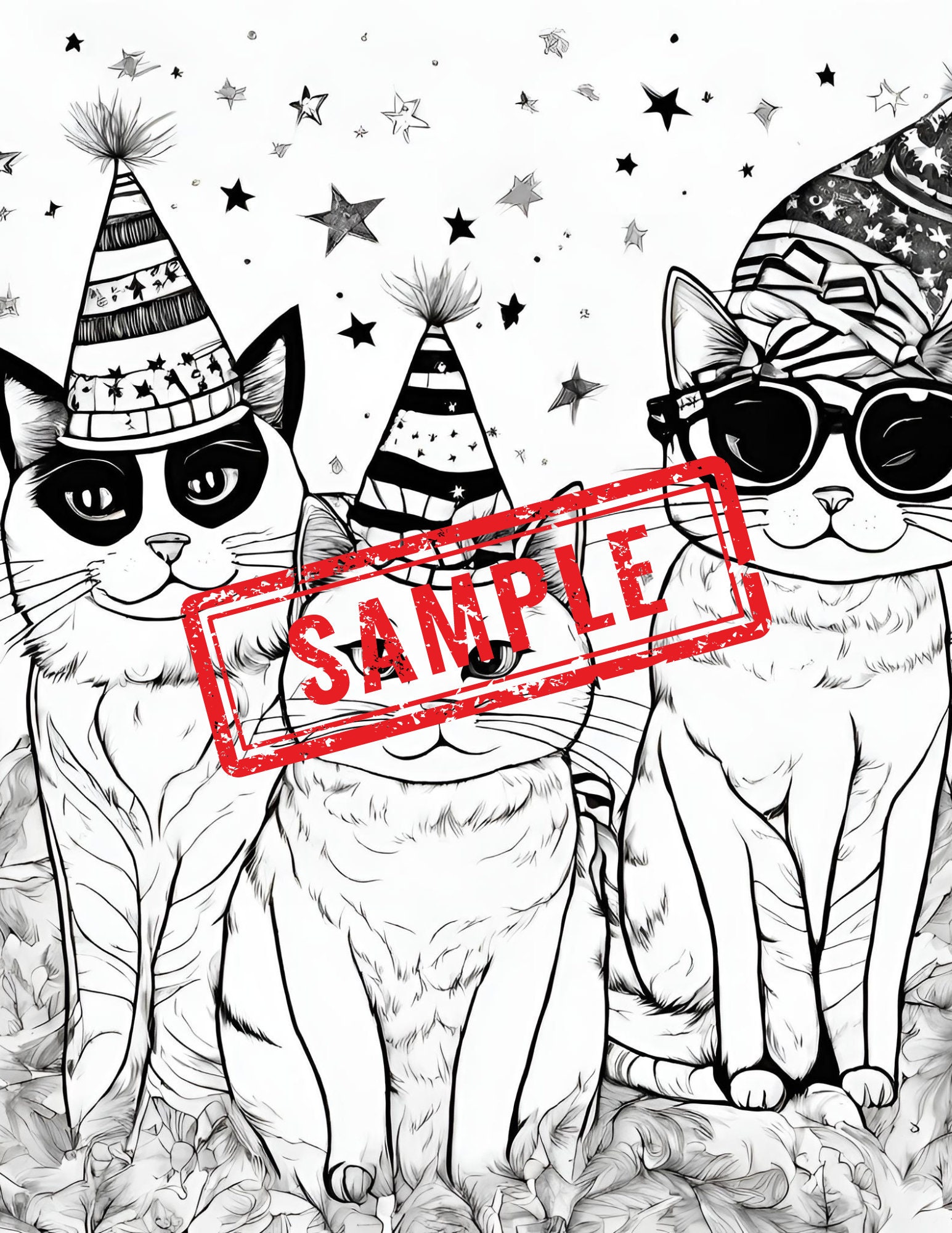 55 Whimsical Adult Coloring Pages, Cats in Party Hats, Printable PDF ...