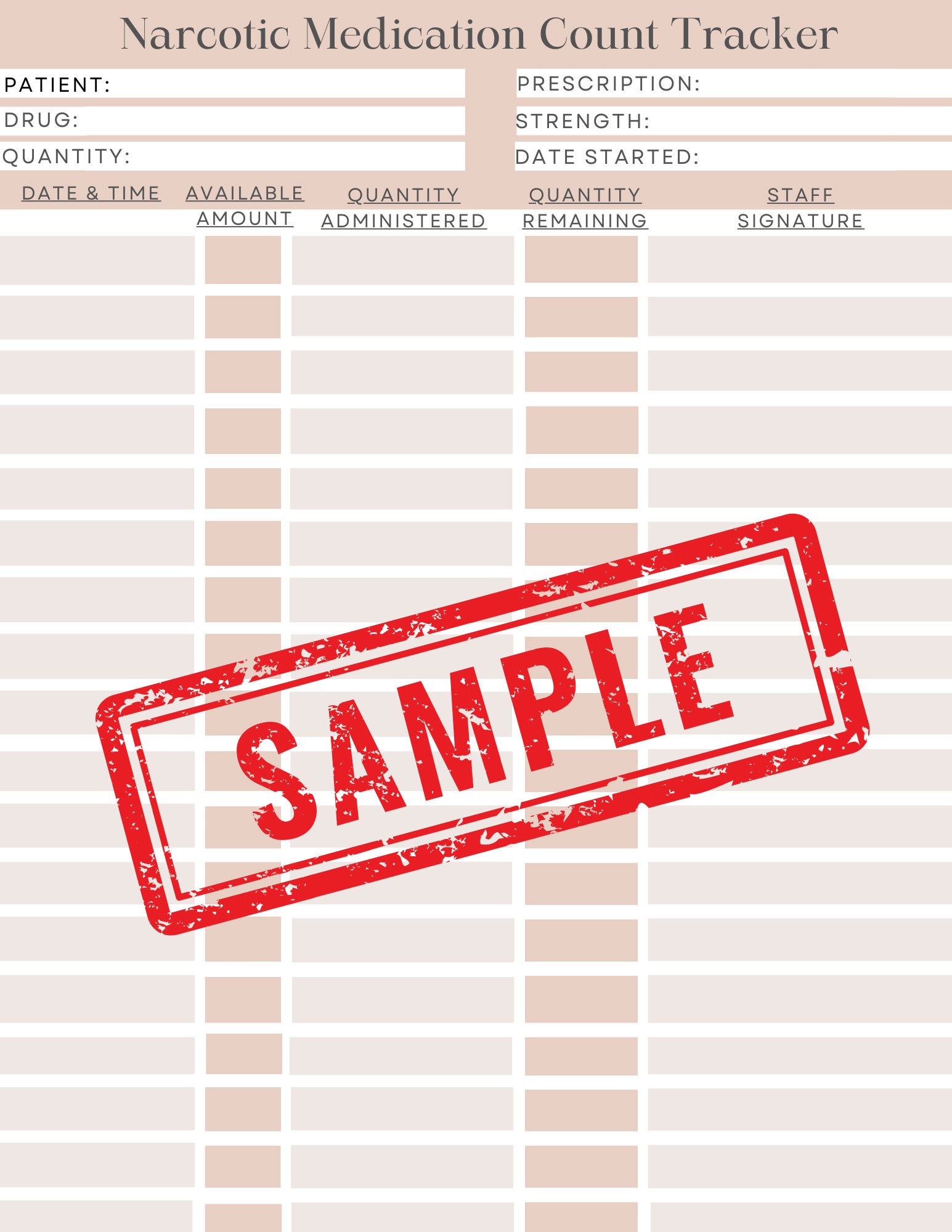 Narcotic Medication Count Tracker Sheet Instant Pdf Download Medical