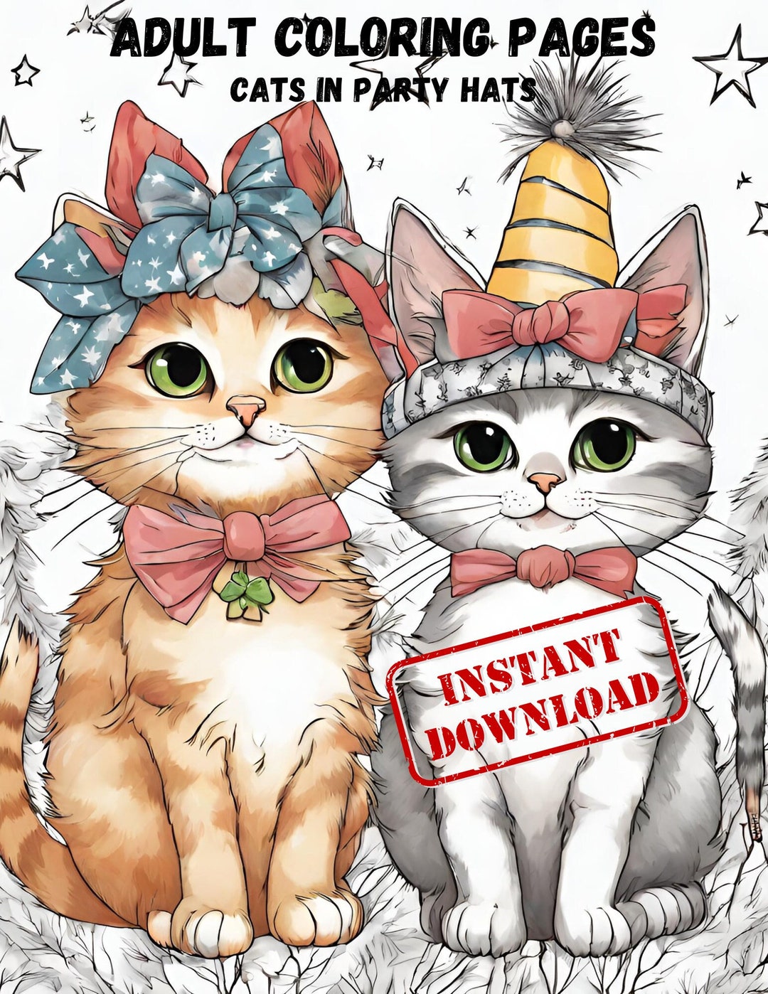 55 Whimsical Adult Coloring Pages, Cats in Party Hats, Printable PDF ...