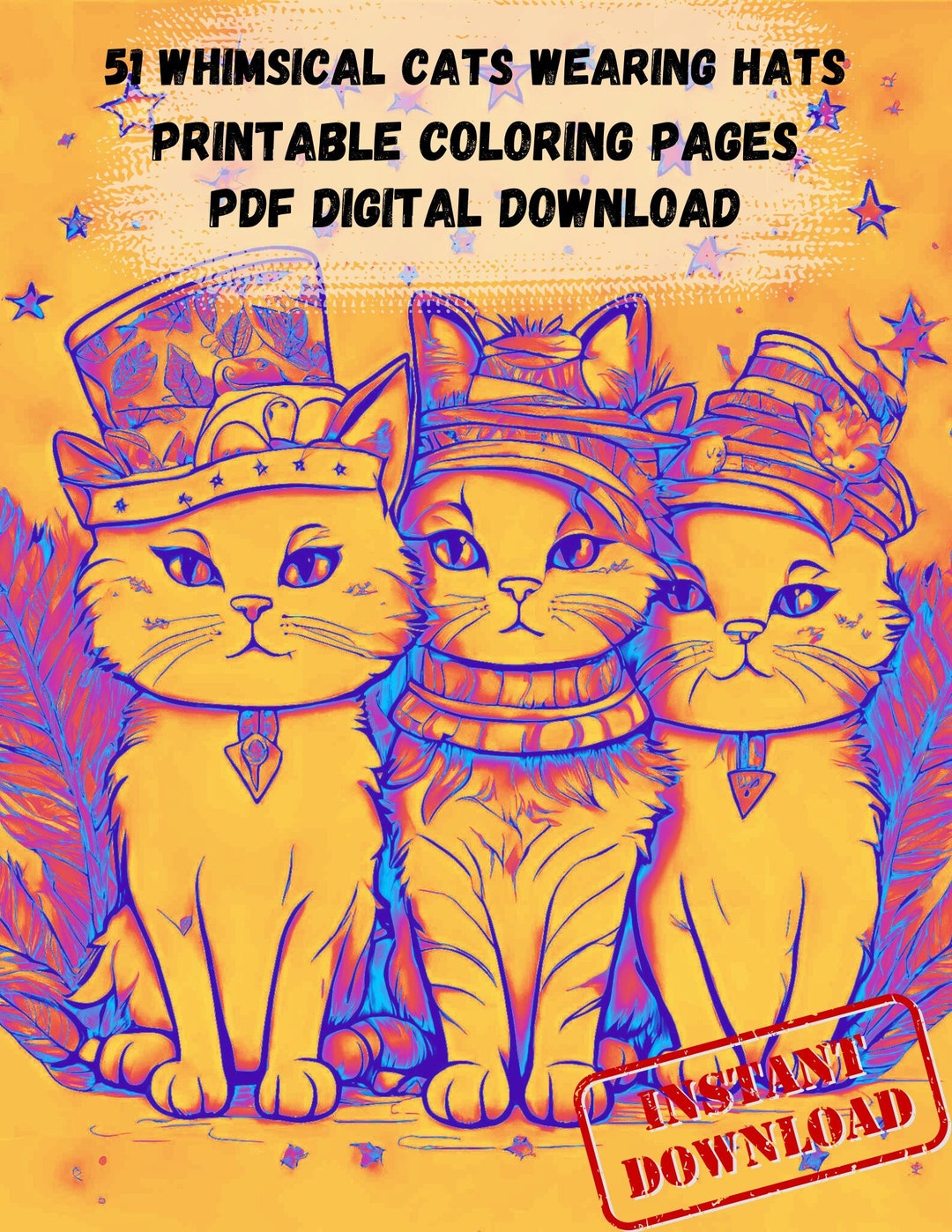 51 Whimsical Cats Wearing Hats Coloring Pages, Printable PDF Digital ...