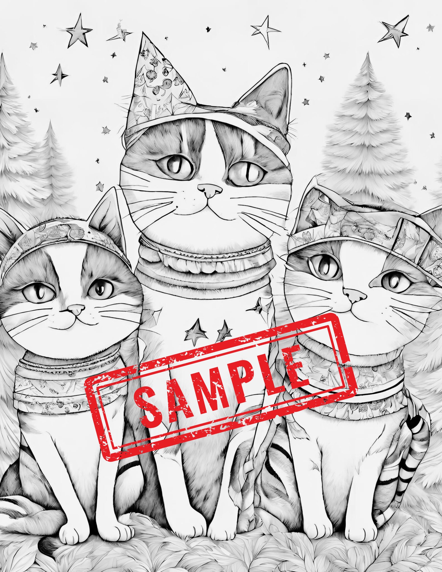 55 Whimsical Adult Coloring Pages, Cats in Party Hats, Printable PDF ...