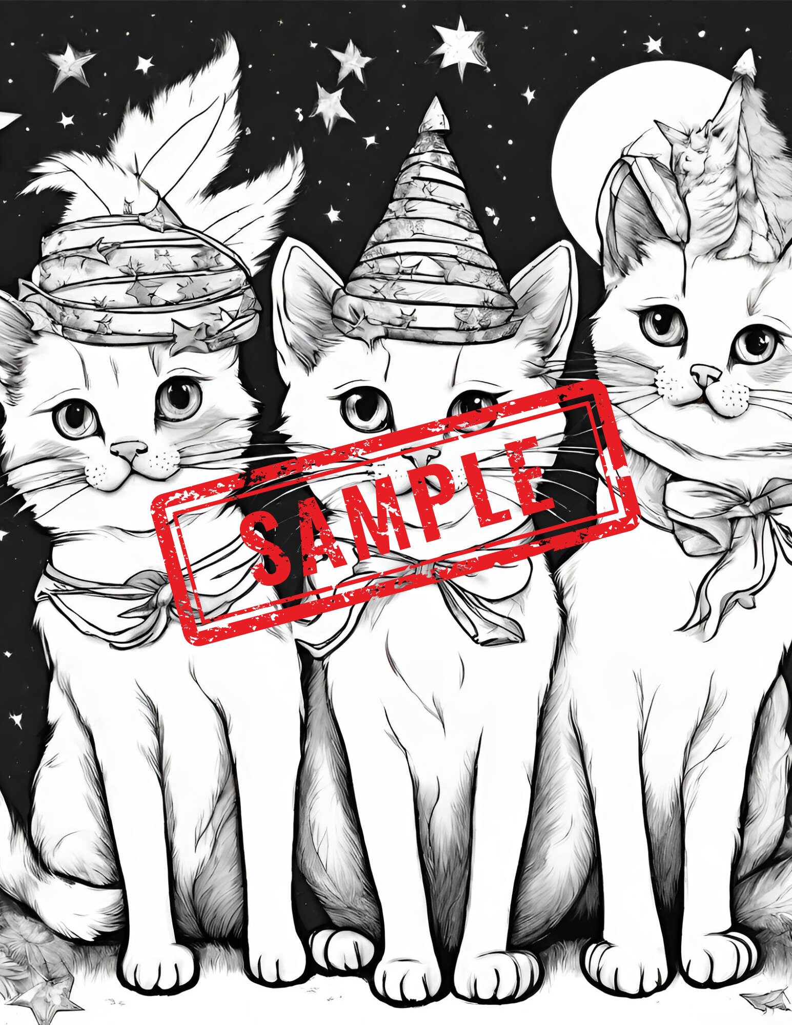 55 Whimsical Adult Coloring Pages, Cats in Party Hats, Printable PDF ...