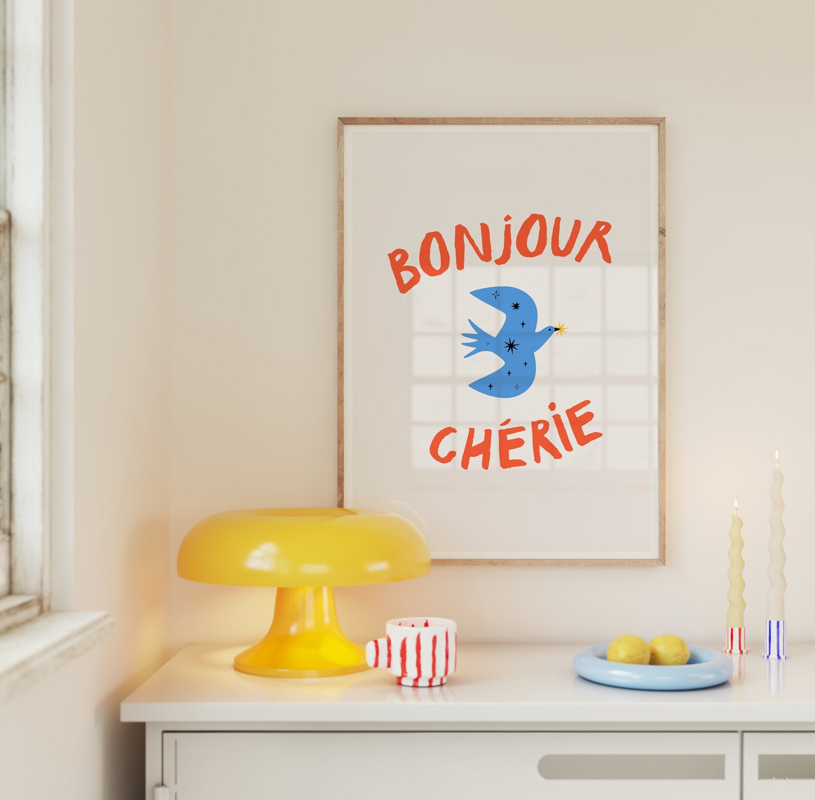 Bonjour Chérie Print | French Art Print, French Sayings, Bird Wall Art ...