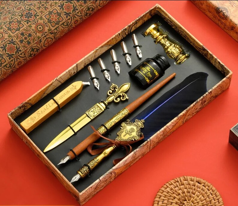 Blue Feather Calligraphy Pen Set English Quill Fountain Pen | Etsy